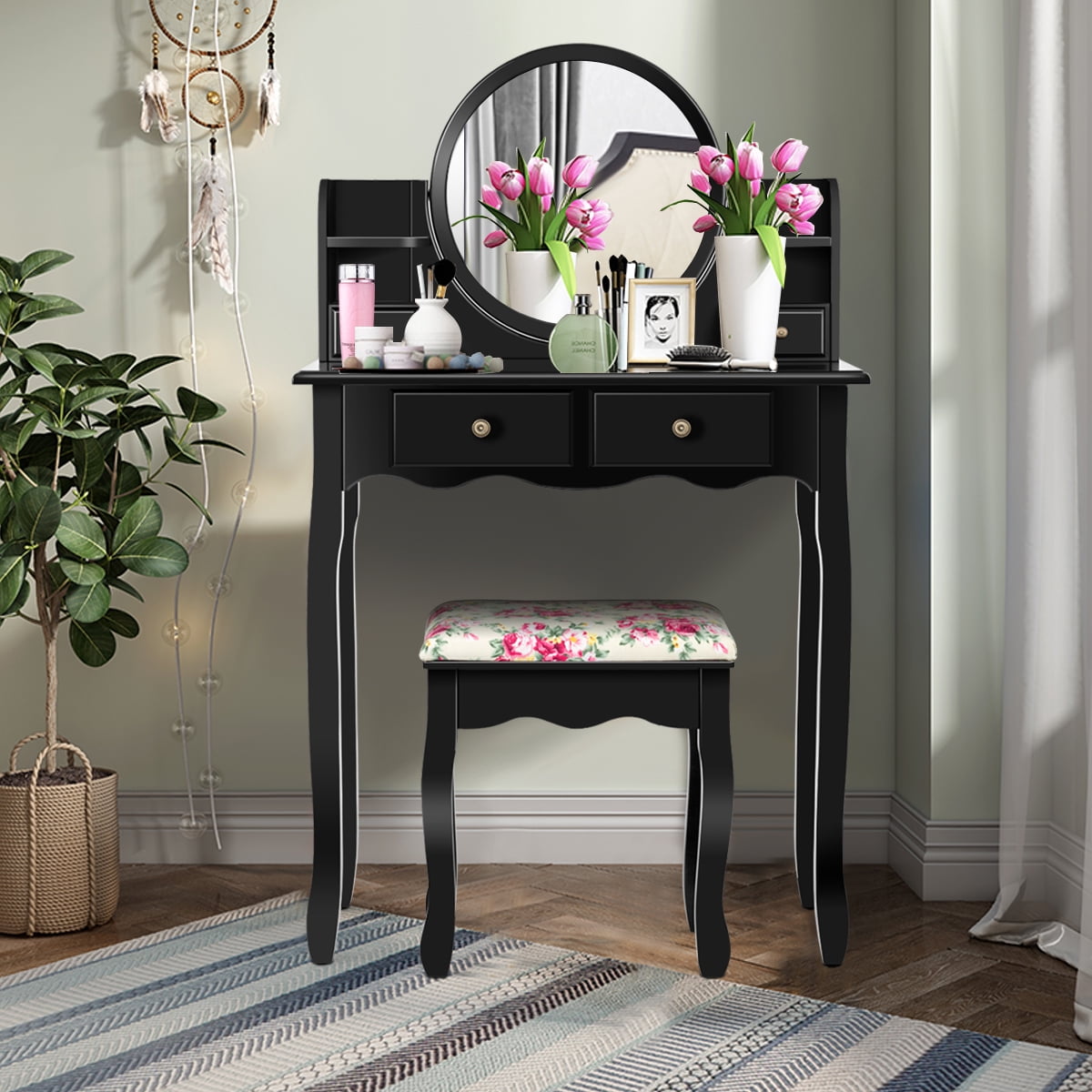 Costway Makeup Vanity Table Set Drawers Oval Dressing Table Black Costway Makeup Vanity Table Set Drawers Oval Dressing Table Black