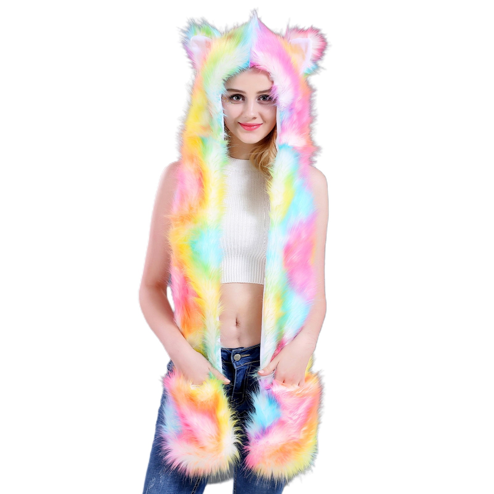 Women 3 In 1 Furry Animal Hat Scarf Gloves Mittens Colorful Plush ...