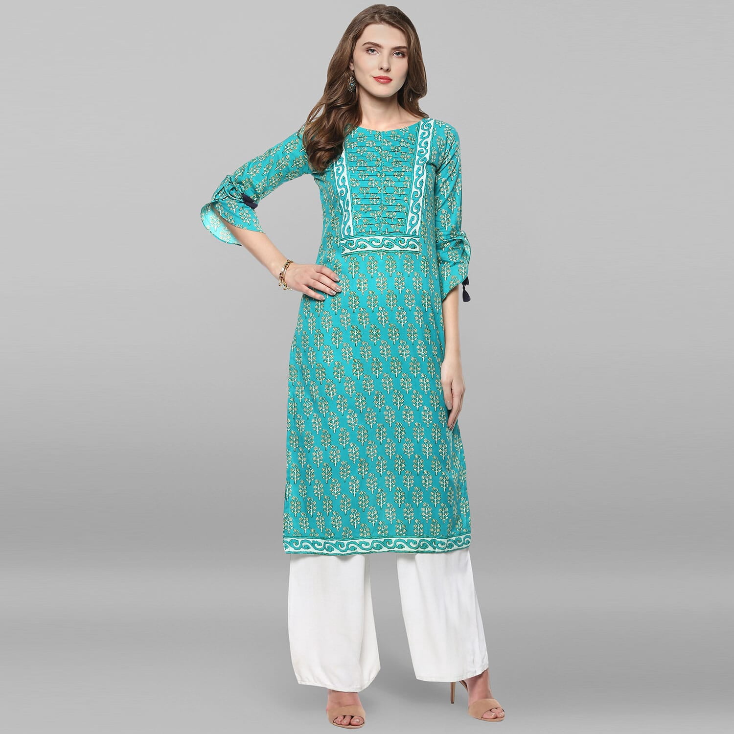 janasya-indian-round-neck-3-4-sleeve-block-print-sea-green-cotton-kurta