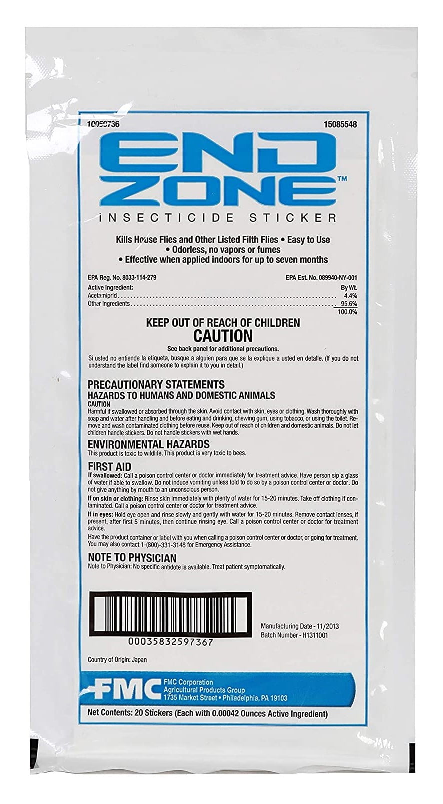 Endzone Insecticide Stickers - House & Filth Fly Control - 1 Packet (20 ...