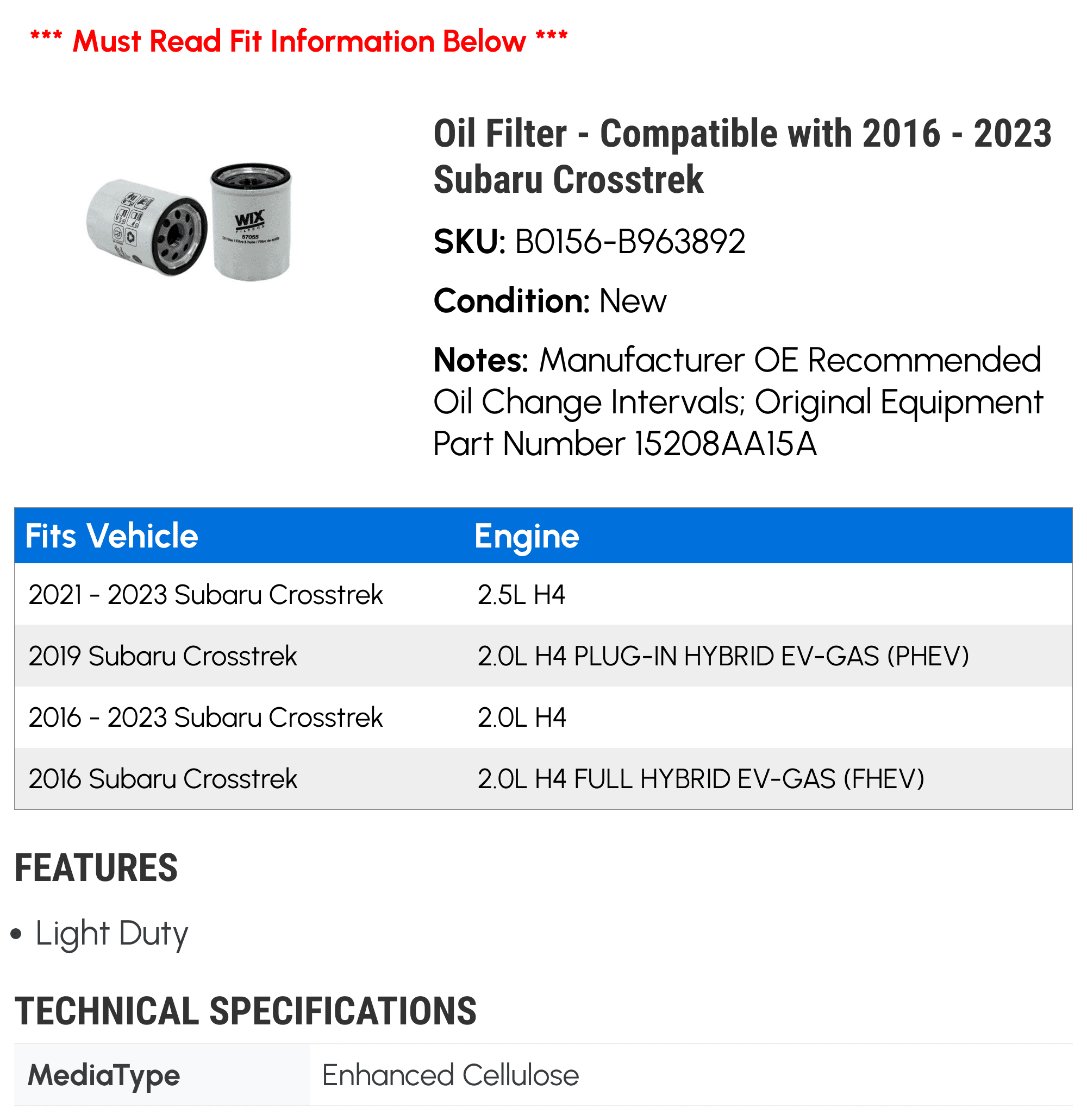 Oil Filter Compatible with 2016 2023 Subaru Crosstrek 2017 2018 2019 2020 2021 2022