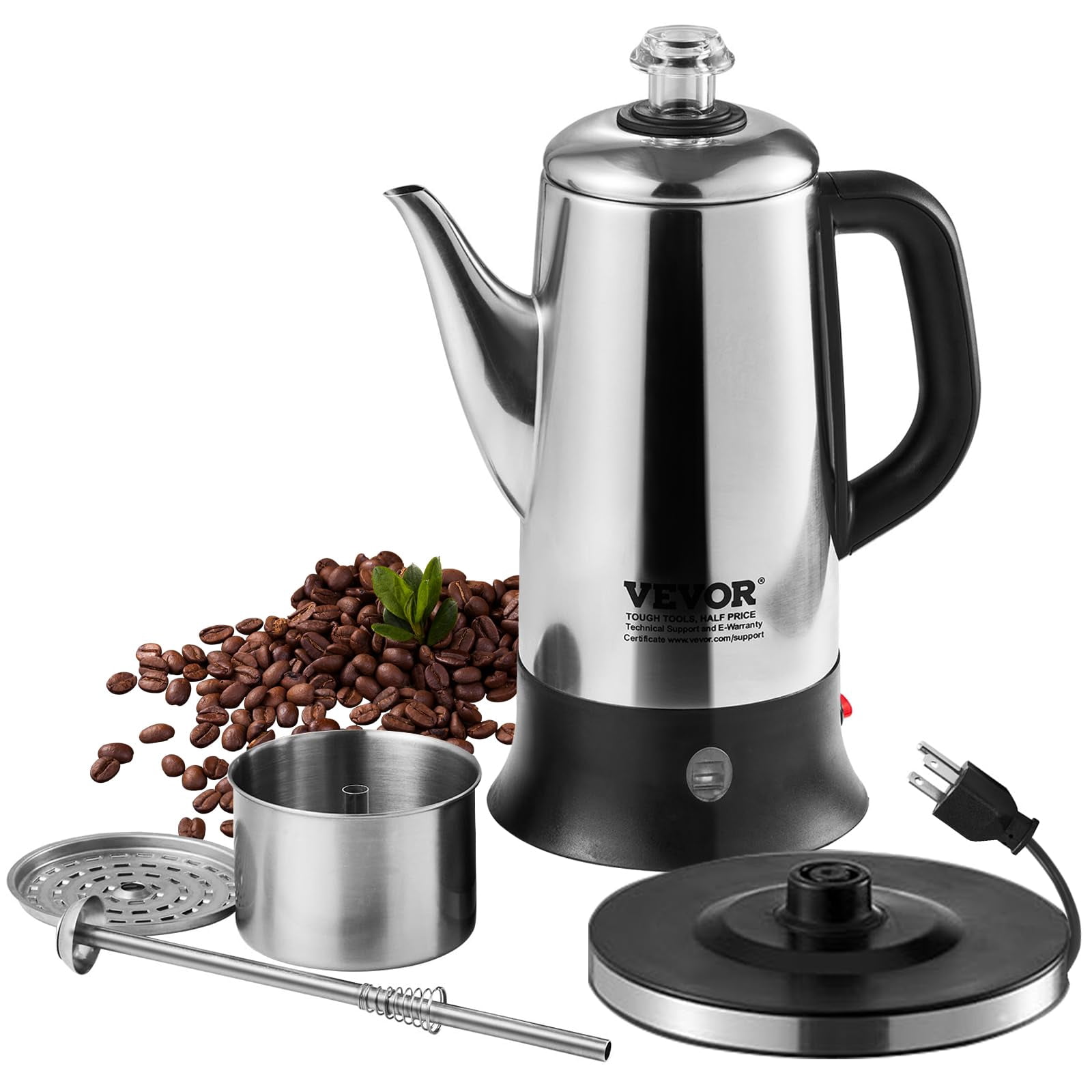 VEVOR Electric Percolator Coffee Pot 12-Cup, 304 Stainless Steel Coffee ...
