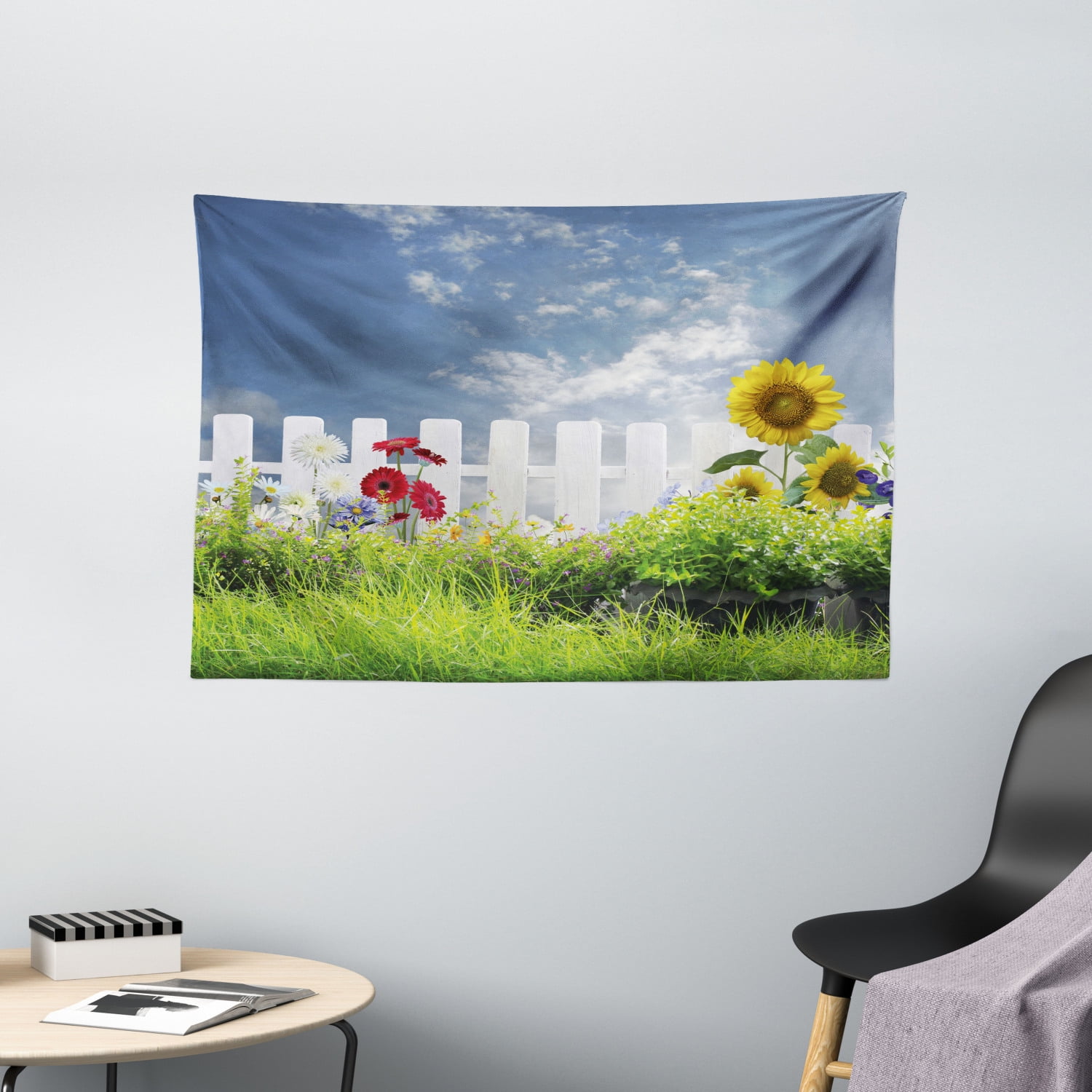 Farm House Decor Tapestry, Grass Foliage Field with Bar Sunflowers ...