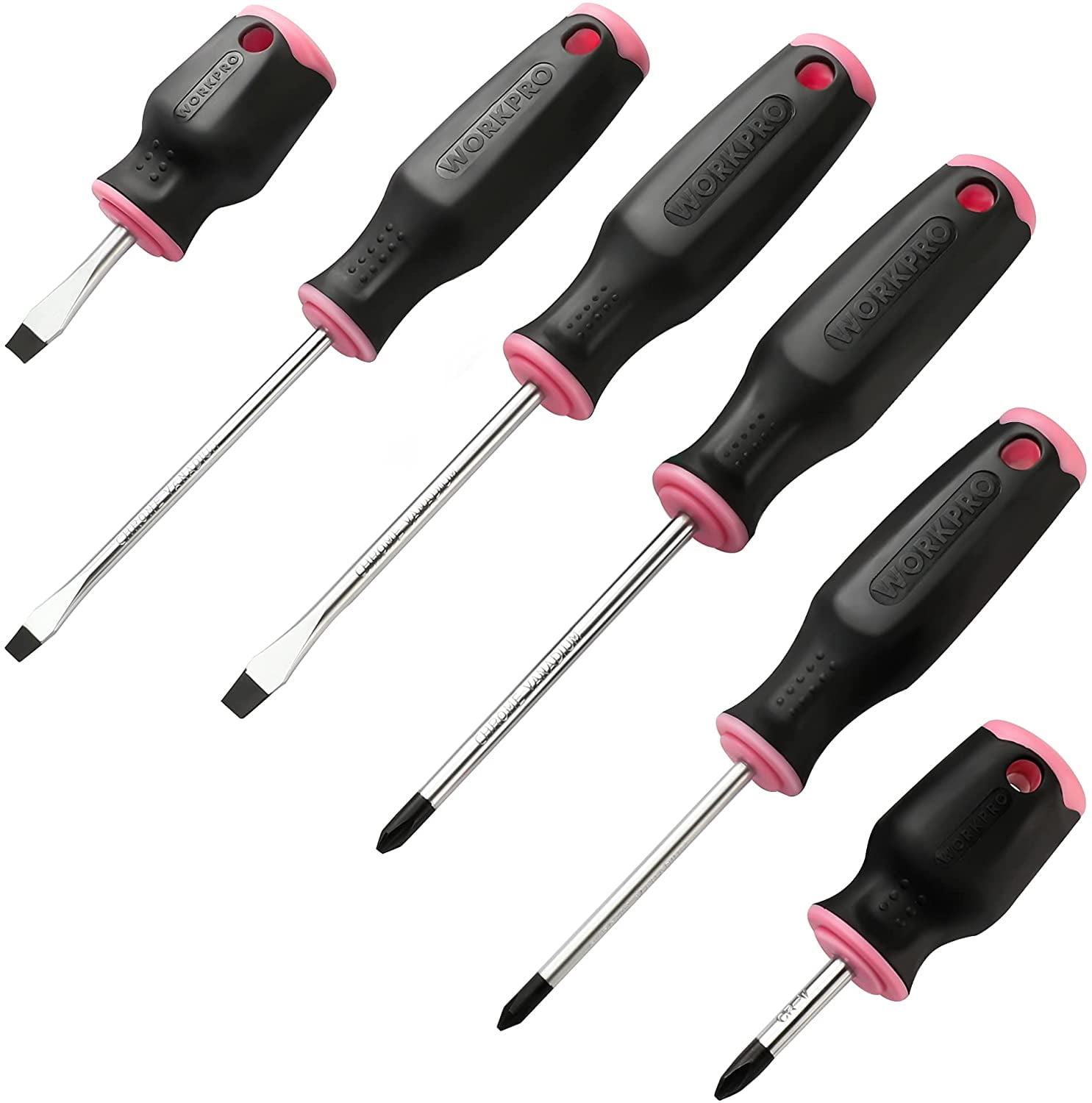 WORKPRO 6-Piece Pink Magnetic Screwdrivers Set, Includes 3 Slotted & 3 ...