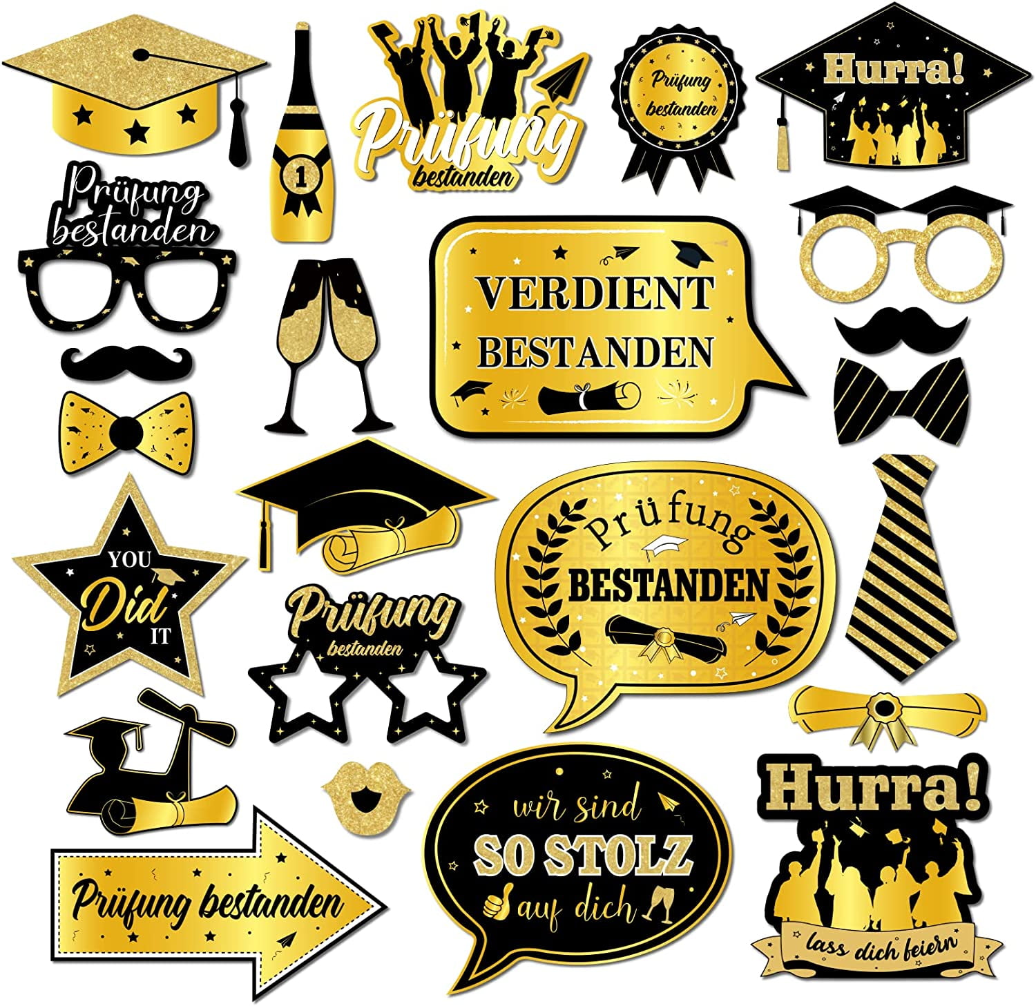 Exam Deco, Black and Gold - 24 Pieces Photo Booth Props Mix of Bachelor ...