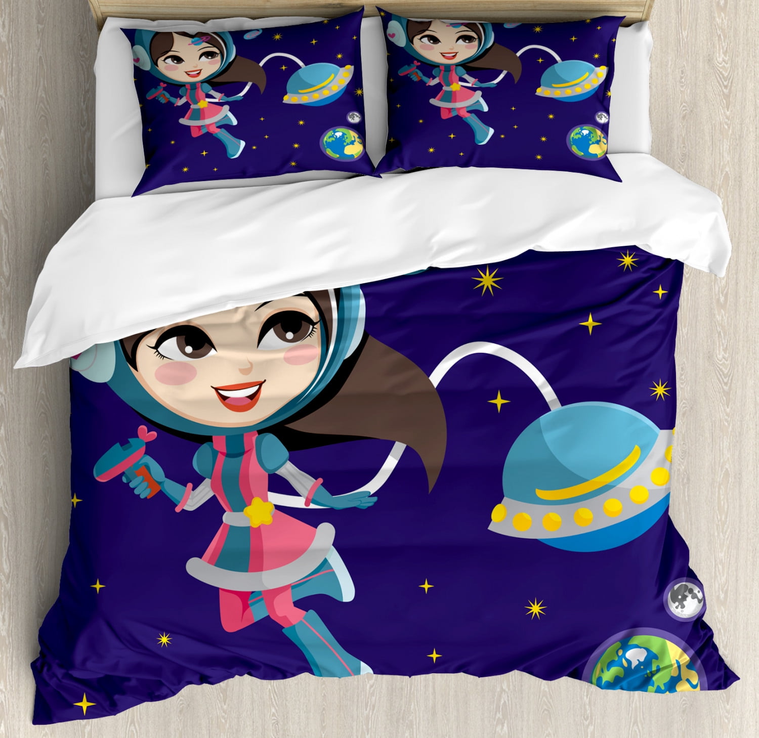 Girls King Size Duvet Cover Set, Cute Little Girl Exploring Space with ...