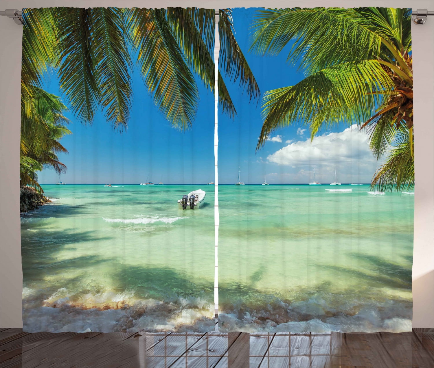 Tropical Curtains 2 Panels Set, Surreal Sea Surrounded by Palm Tree ...