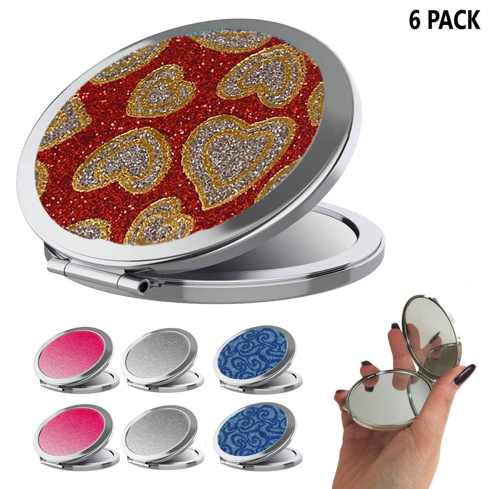 6 Pc Double Sided Compact Mirror Glitter Design Magnifying Cosmetic ...