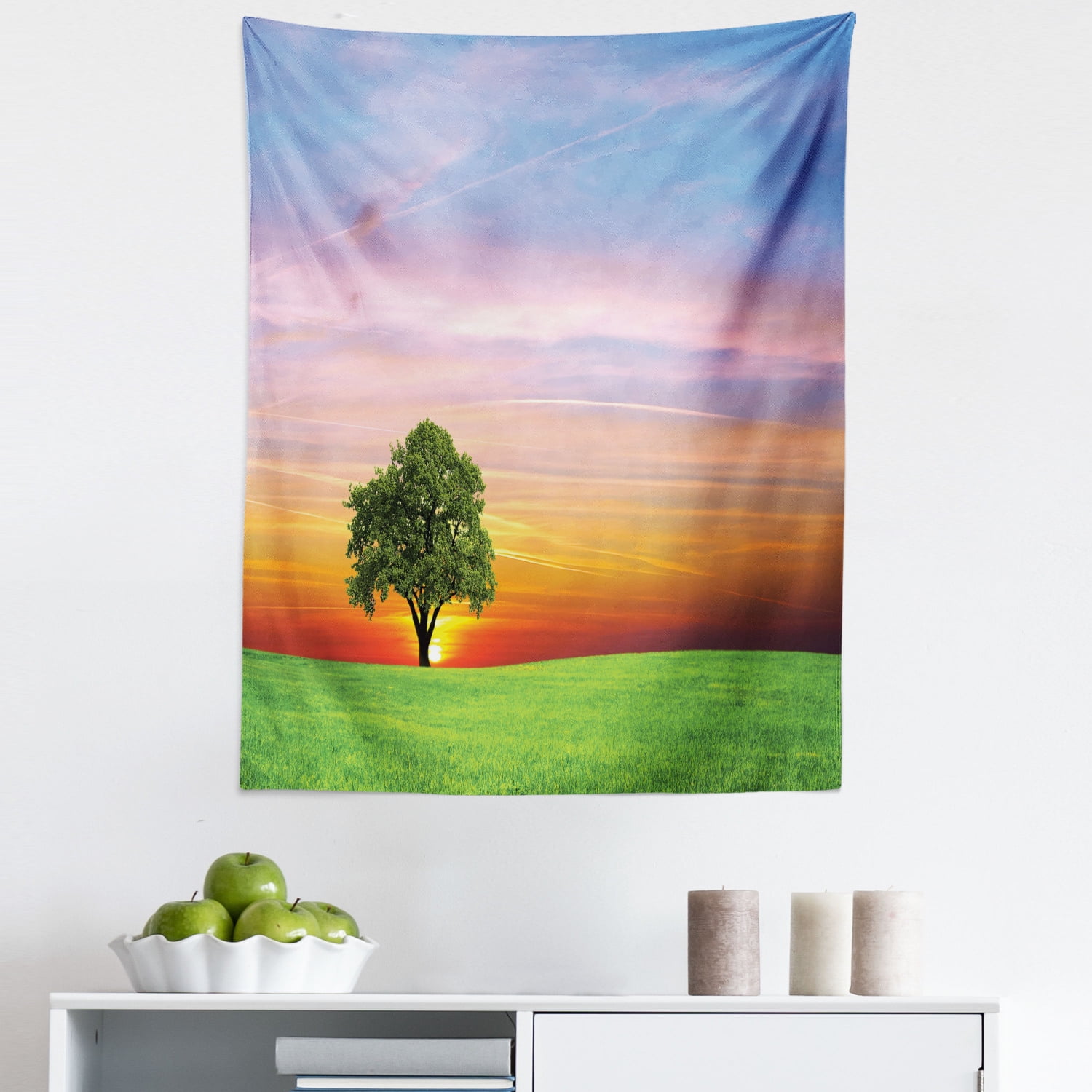Trees Tapestry, Panoramic Scene Print Lonely Rural Scene Sunset Ombre ...