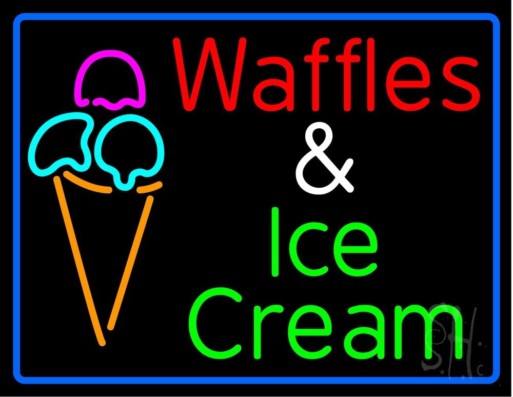 Waffles And Icecream Blue Border LED Neon Sign 24 x 31 - inches, Black ...