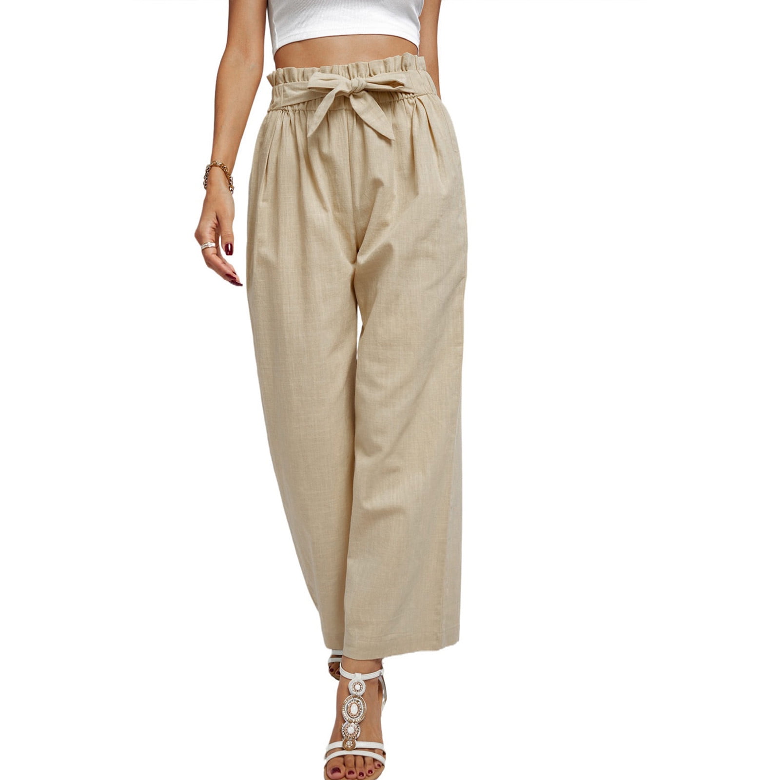 JGTDBPO Plus Size Wide Leg Linen Pants For Women With Drawstring Pocket ...