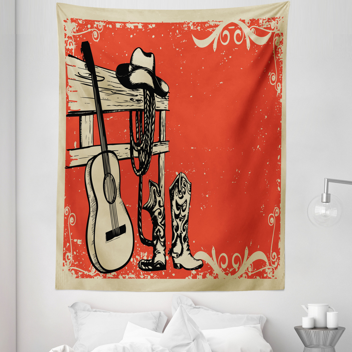 America Tapestry, Image of Wild West Elements with Country Music Guitar ...