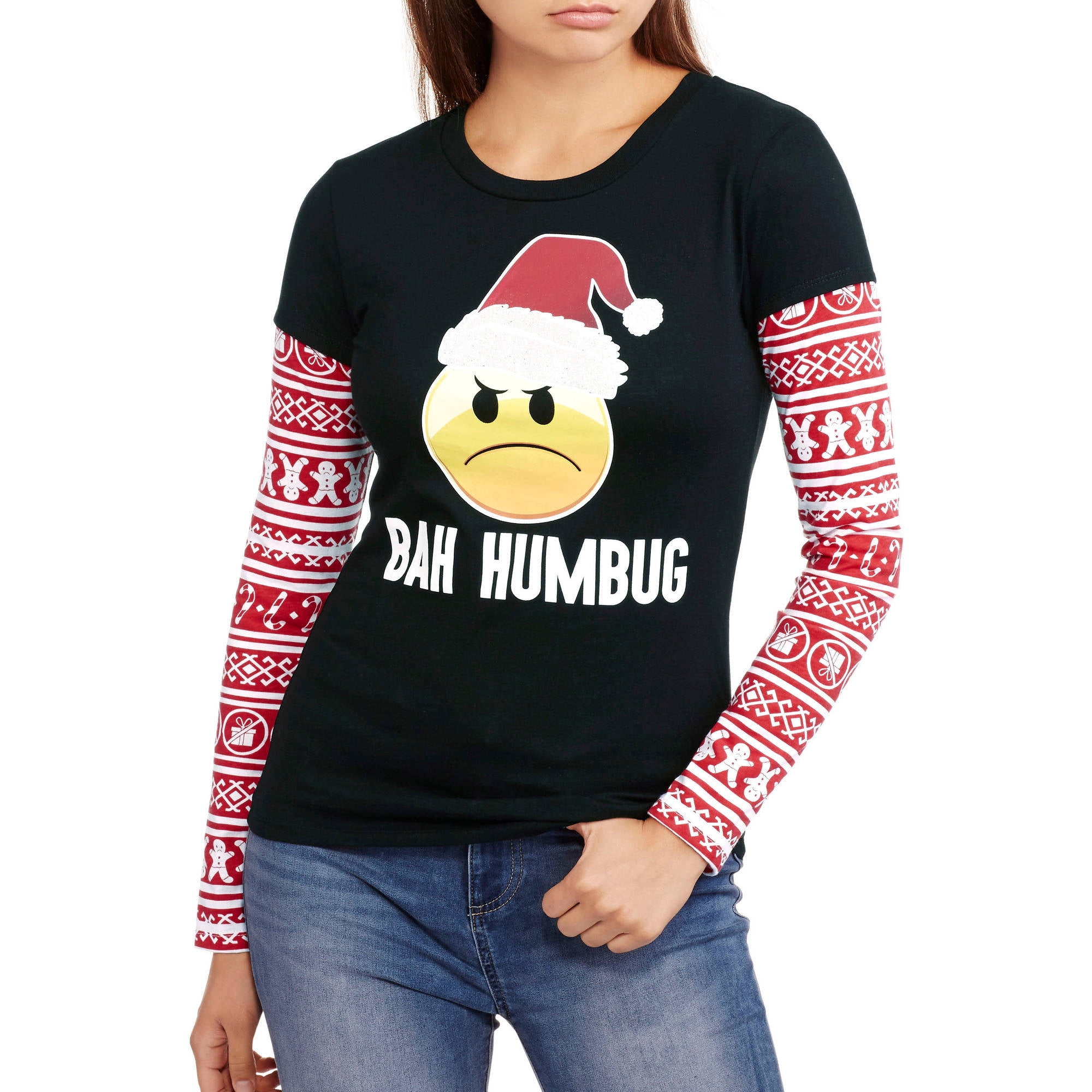 Junior' Bah Hum Bug Emoji 2fer Long Sleeve Tee - Walmart.com