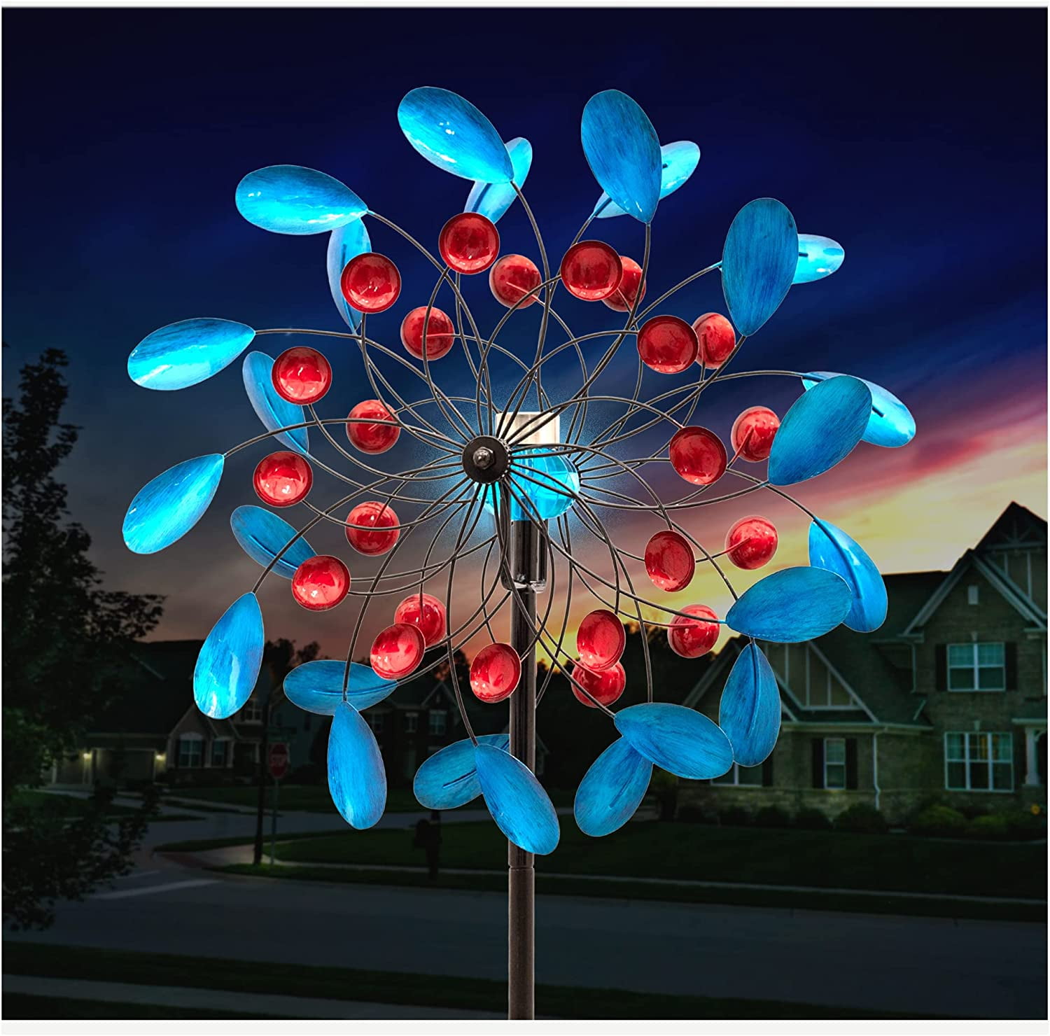 Cyan Oasis Blue Lotus Solar Wind Spinner for Yard Garden, Height 75 in ...