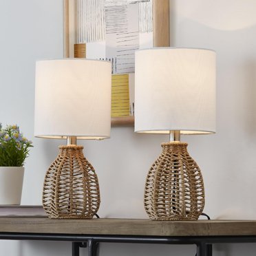 Oneach Modern Farmhouse Resin Table Lamp Set of 2, Rustic Rattan ...
