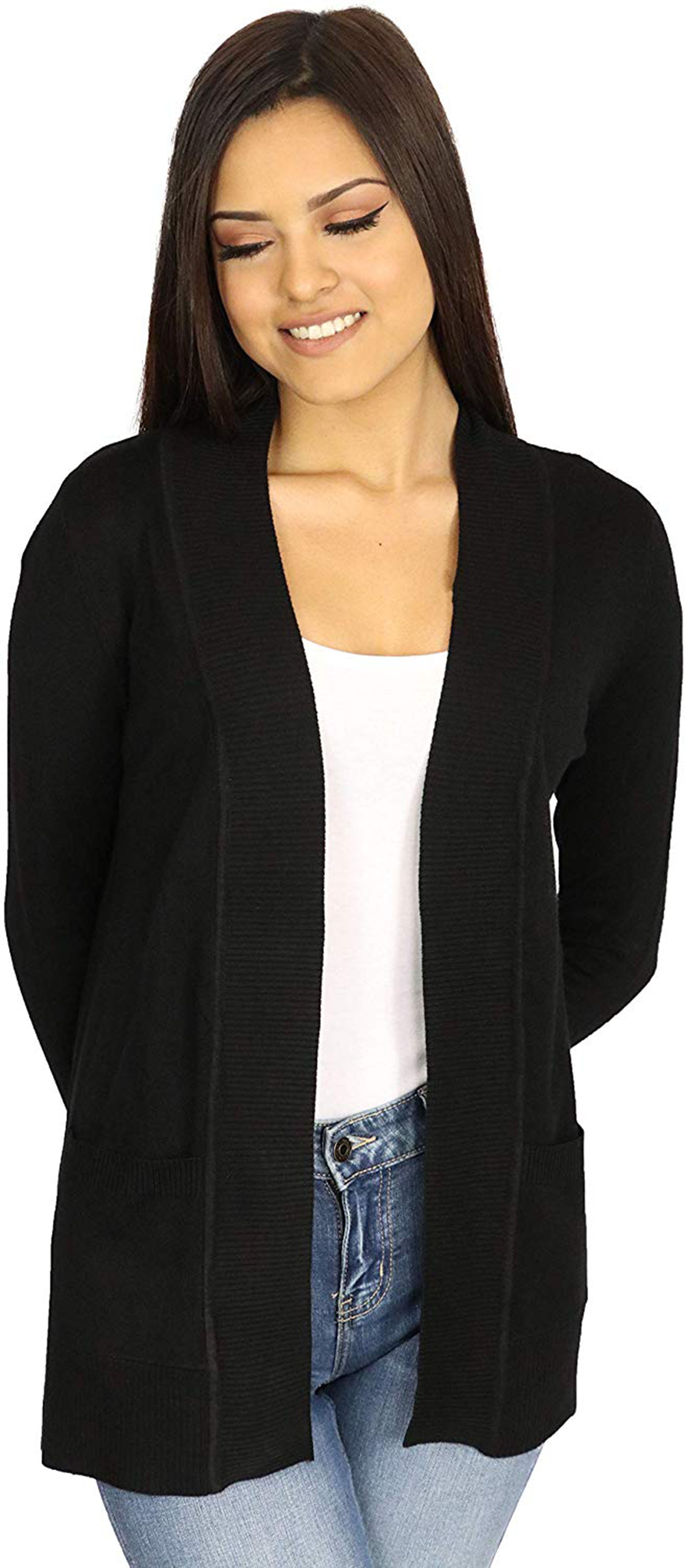 StyLeUp Women's Solid Open Front Classic Sweater Cardigan (Bk l ...
