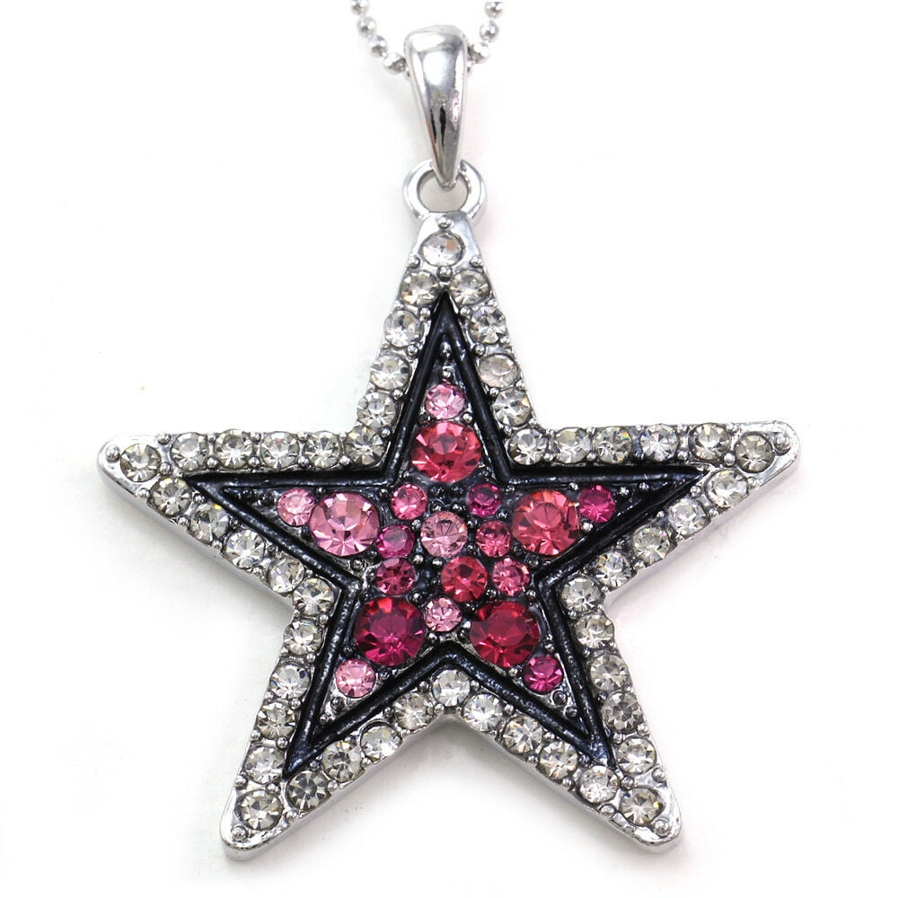 Clear Hot Pink Star Necklace Pendant Black Outline Silver Tone Crystal ...