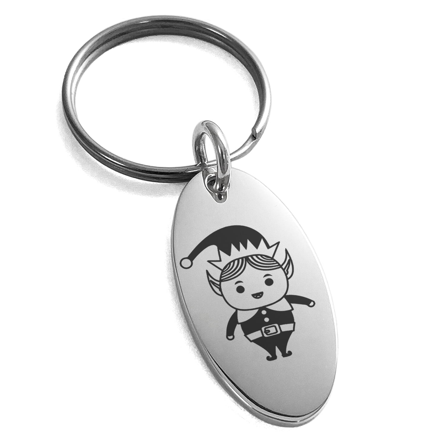 Stainless Steel Happy Elf Engraved Small Oval Charm Keychain Keyring ...