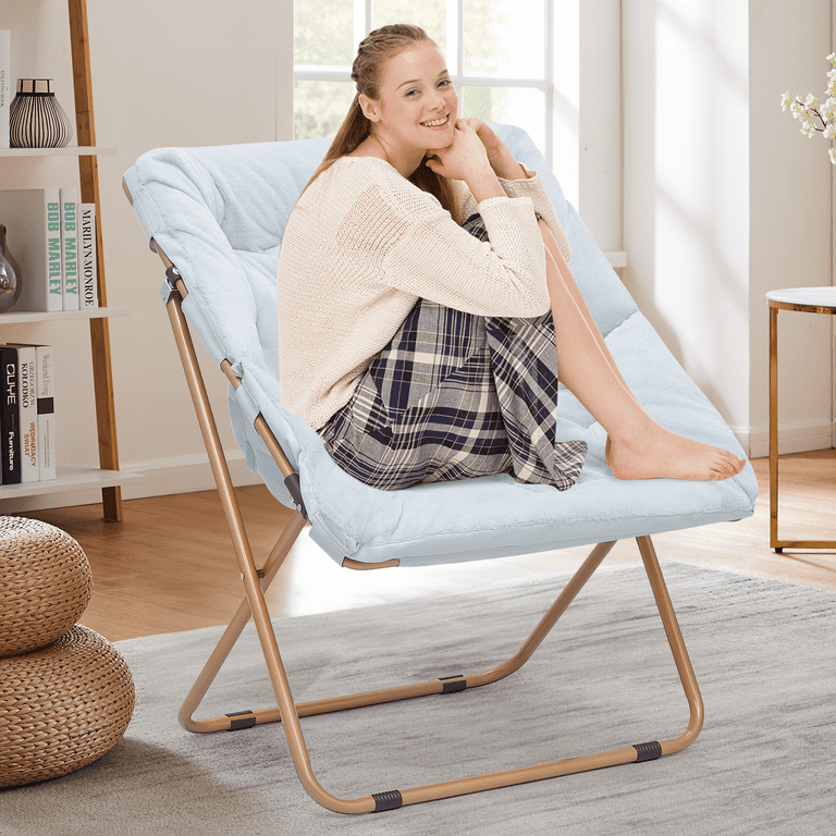 Magshion 2 Piece Folding Saucer Chair with Faux Fur Upholstery Lounge Cozy Chair Moon Chair with Gold Metal Frame for Dorm Bedroom Living Room Blue Walmart