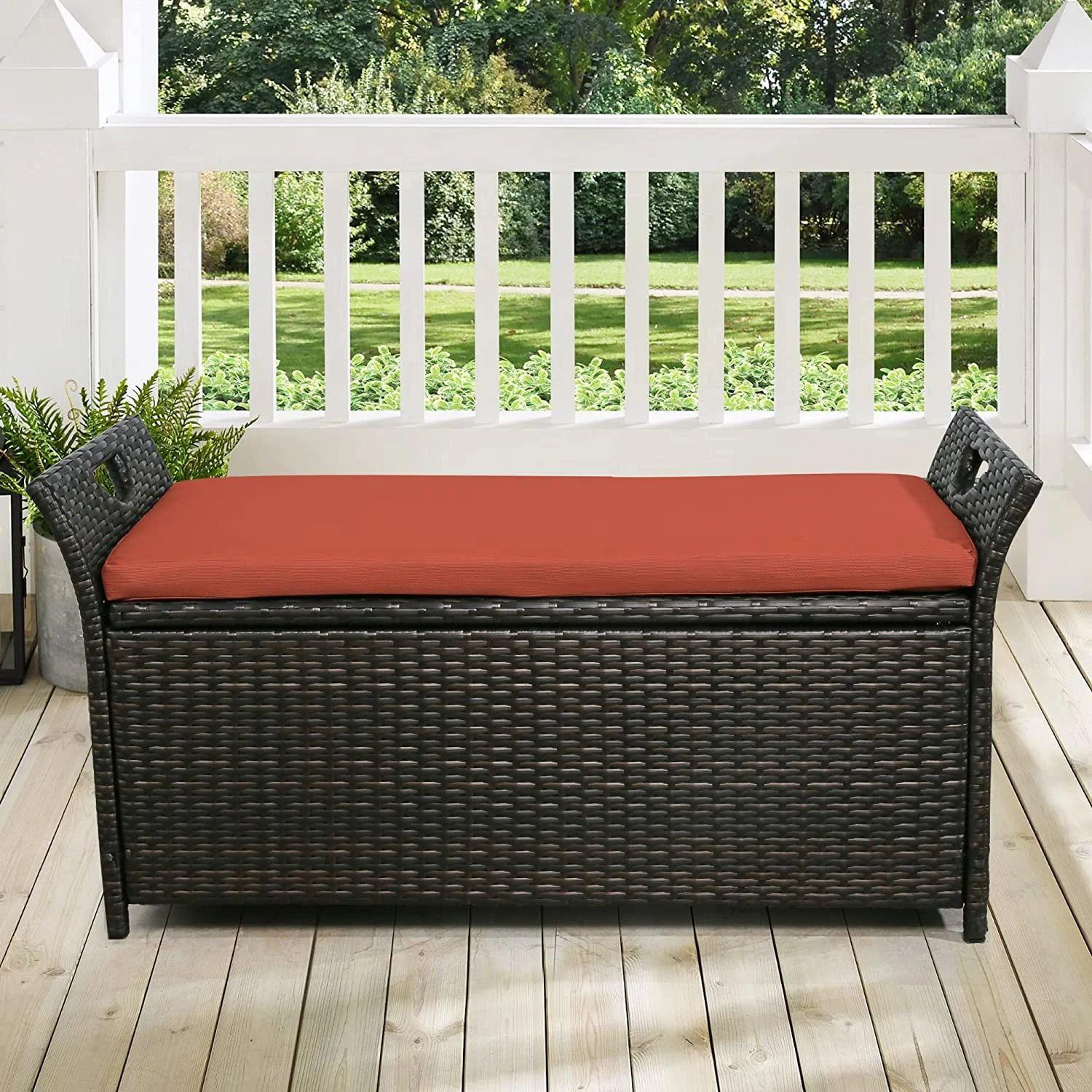 UBesGoo Patio Wicker Storage Bench Deck Storage Box w/ Red Cushion ...
