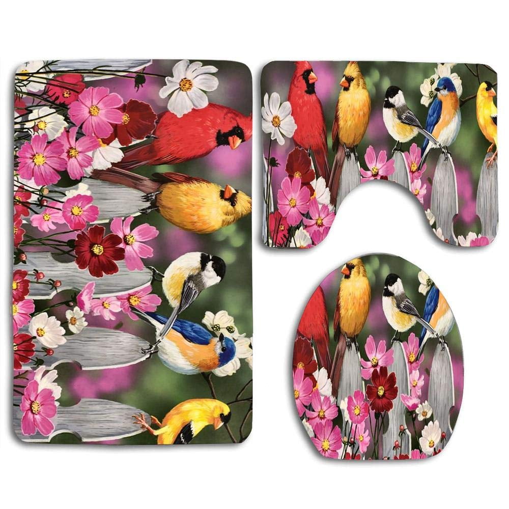 CHAPLLE Cardinal Birds in Garden Flowers 3 Piece Bathroom Rugs Set Bath ...
