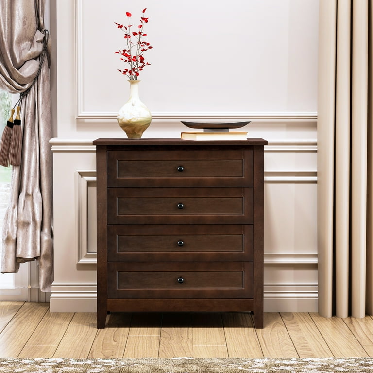 Paproos 4 Drawer Dresser Solid Wood Dressers for Bedroom Chest of Drawers with Retro Round Handle Large Capacity Clothes Organizer Wide Storage
