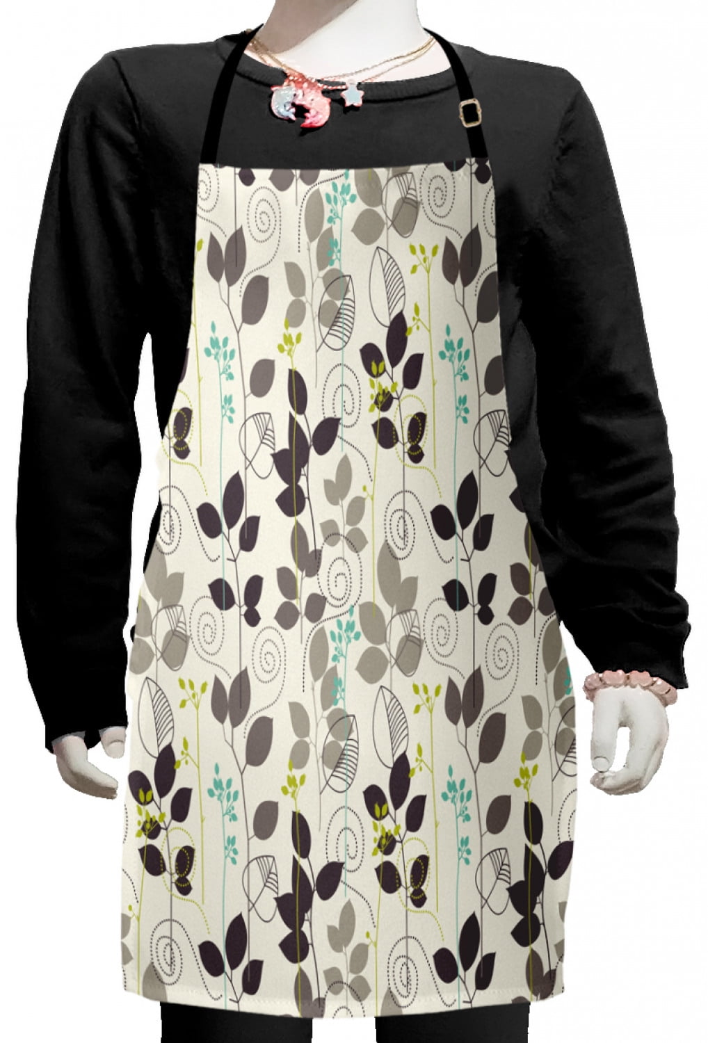 Floral Kids Apron, Doodle Leaves Earthen Toned Leaf Branches Autumn ...