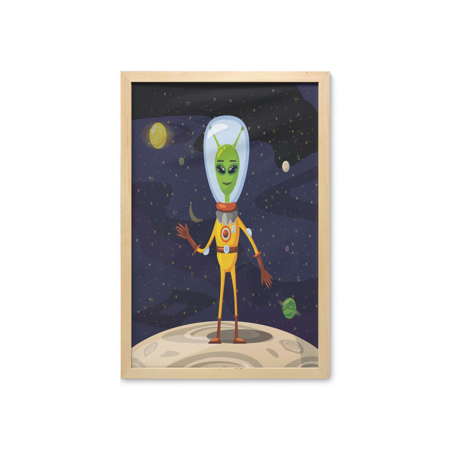 Alien Wall Art with Frame, Ufo Cartoon of Funny Creature in Spacesuit ...