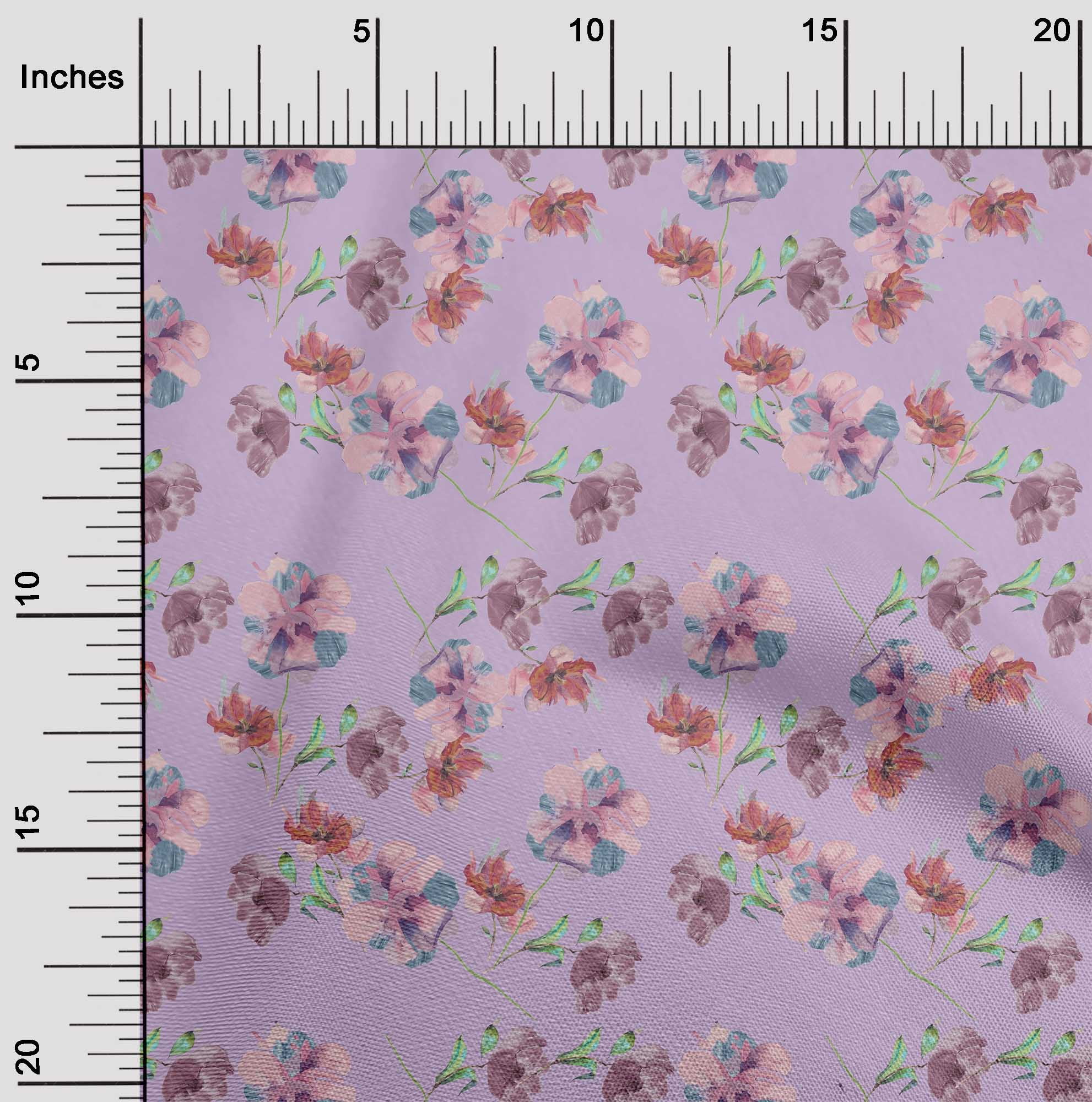 oneOone Georgette Viscose Light Purple Fabric Flower & Leaves ...