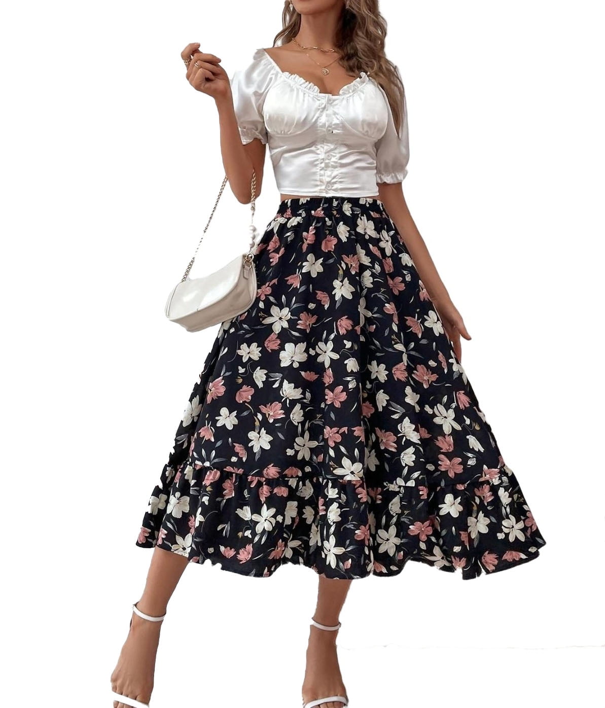 Womens Ruffle Hem Skirts Boho High Waist Midi Multicolor L - Walmart.com