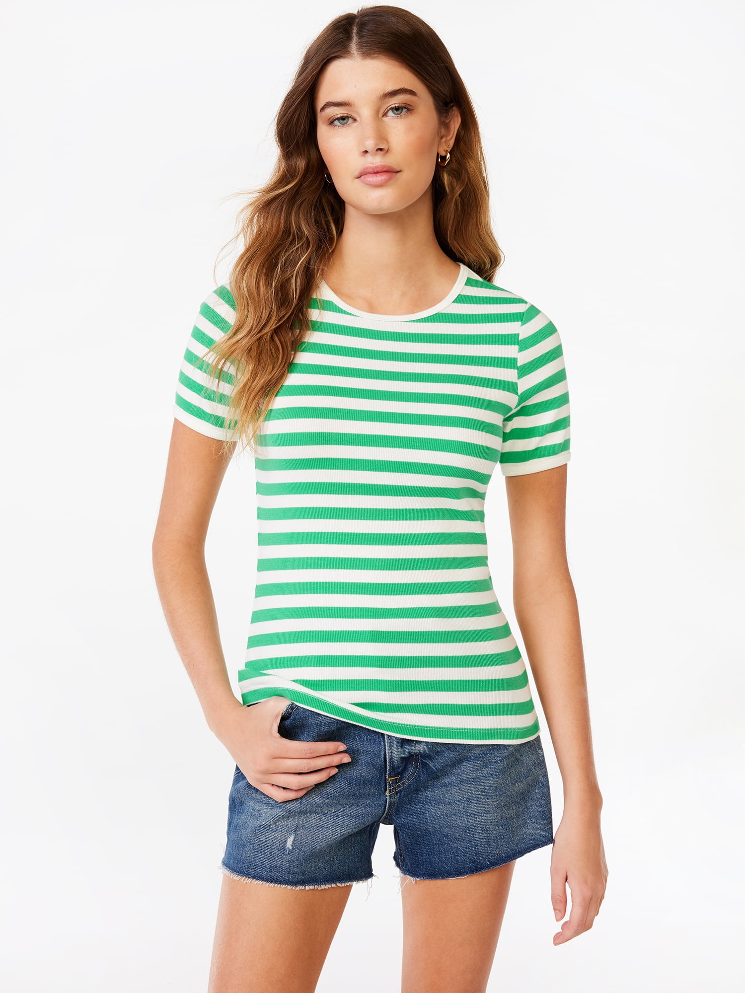 Free Assembly Women's Ribbed Crewneck Tee with Short Sleeves, Sizes XS ...