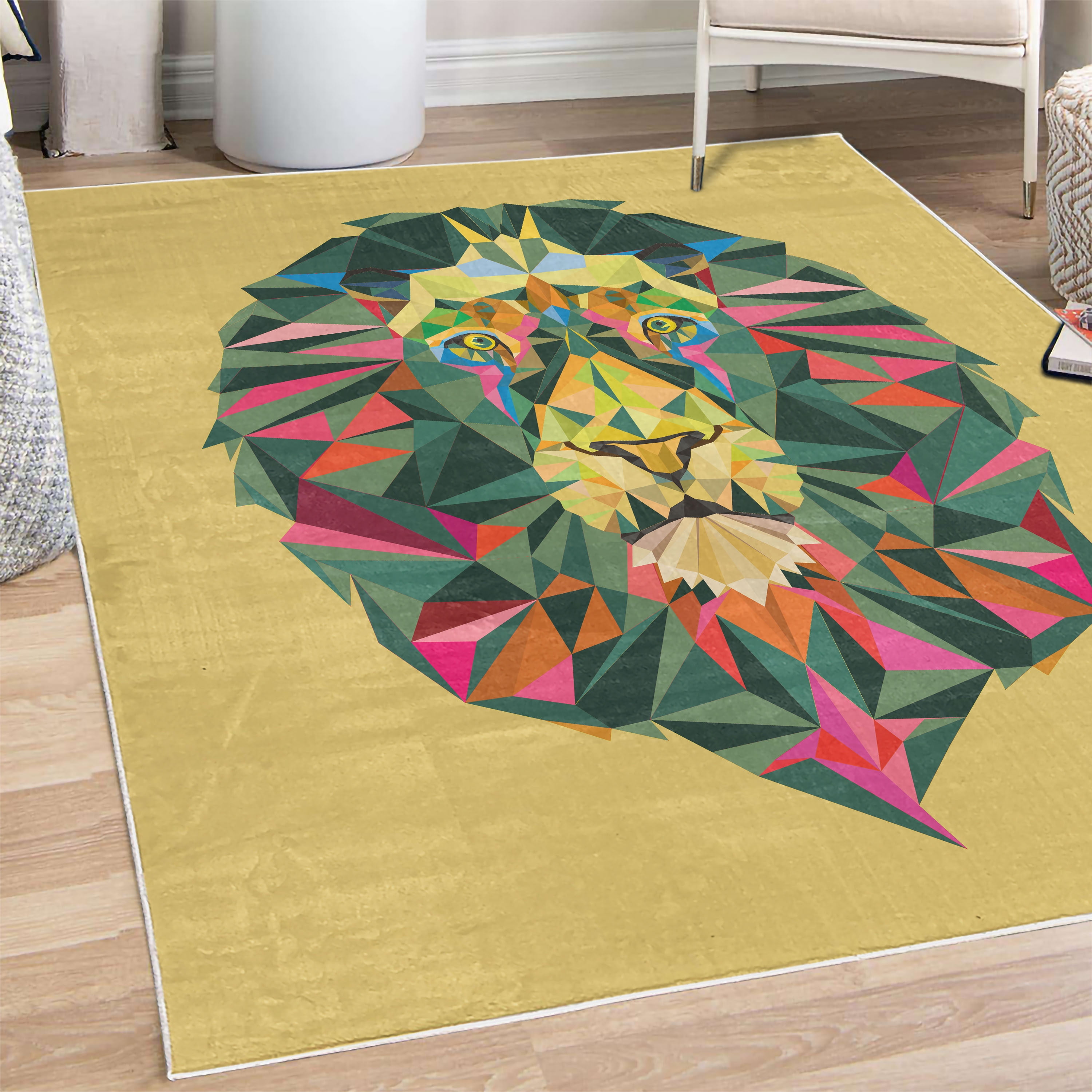 Zoo Decorative Rug, Colorful Animals Geometric Diamond Face Lions Mane ...