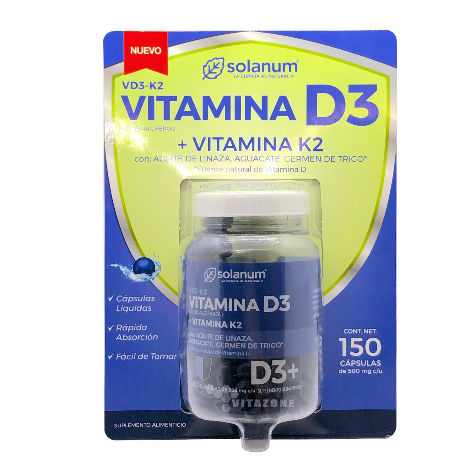 Vitamina D3 y Vitamina K2 Solanum 150 cápsulas | Walmart en línea