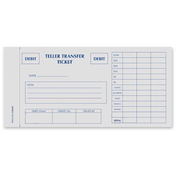Teller Transfer Ticket Debit/Credit Pack of 100 2 Copies Each Form ...