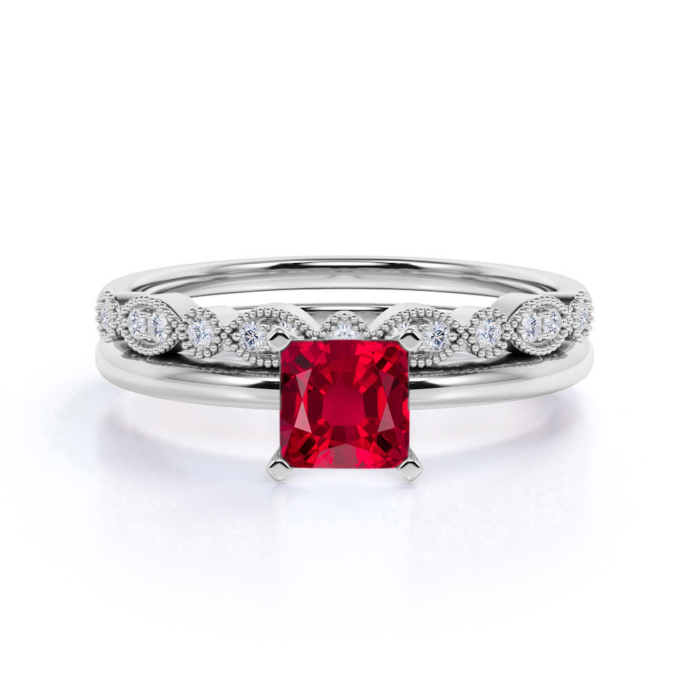 1.25 Carat Sunset Princess Cut Lab Created Ruby Wedding Ring Set ...