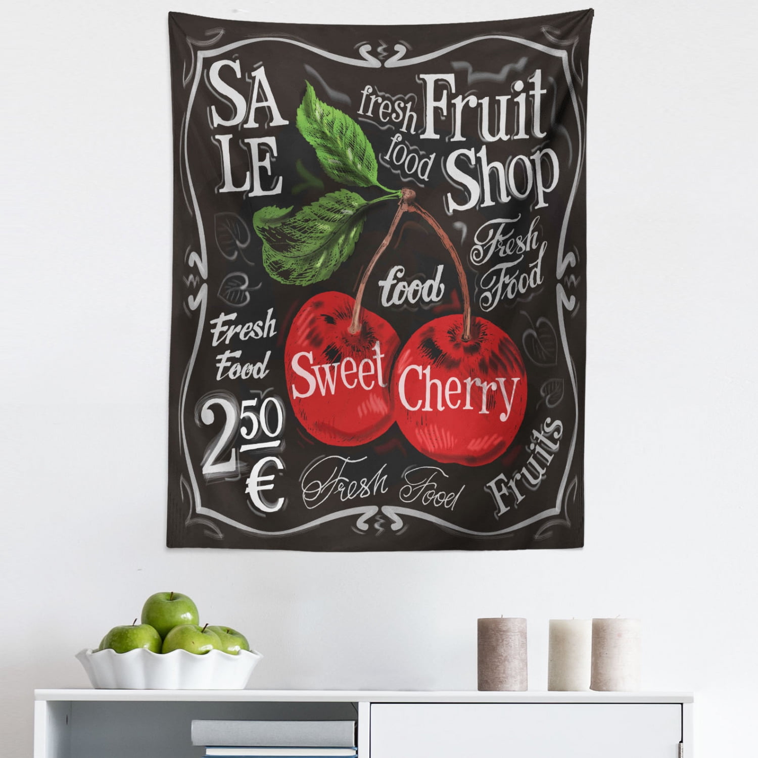 Fruit Tapestry, Ripe Cherries Sketch Style Stem and Leaves Fruit Shop ...