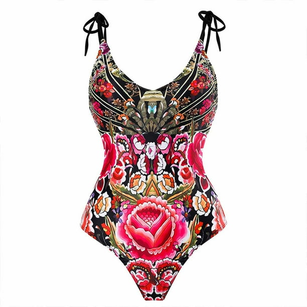 RKSTN Womens Swimsuit Vintage Print Lace-up One-piece Swimsuit Bikini V ...