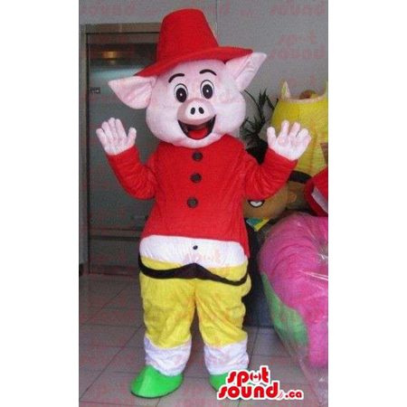 Cute Pig Animal SPOTSOUND Mascot Dressed In Special Clothes Like A Red ...