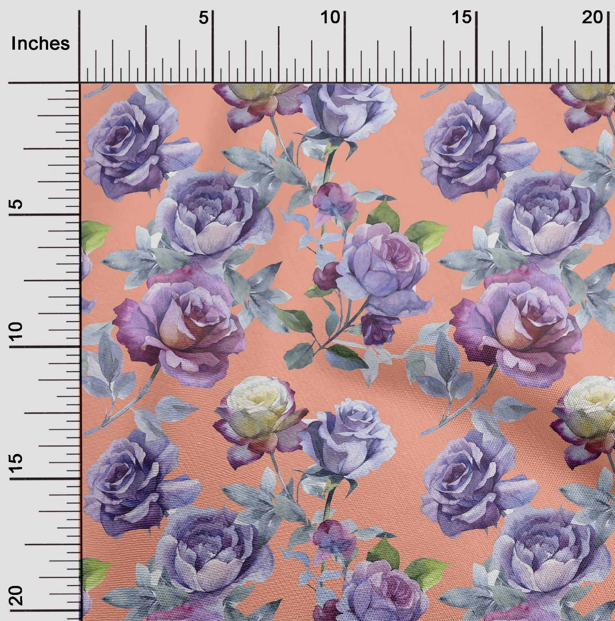 oneOone Silk Tabby Peach Fabric Leaves & Rose Floral Sewing Material ...