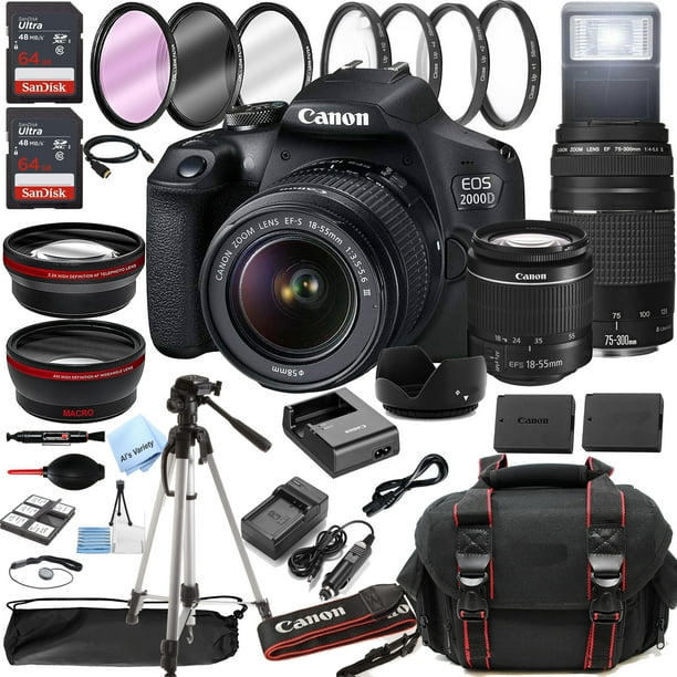 Canon EOS 2000D / Rebel T7 DSLR Camera w/18-55mm + 75-300mm Zoom Lenses ...