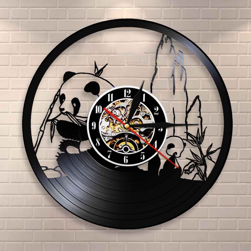 Adorable Giant Panda Clock Wild Panda Bear Eating Bamboo Vinyl Record ...