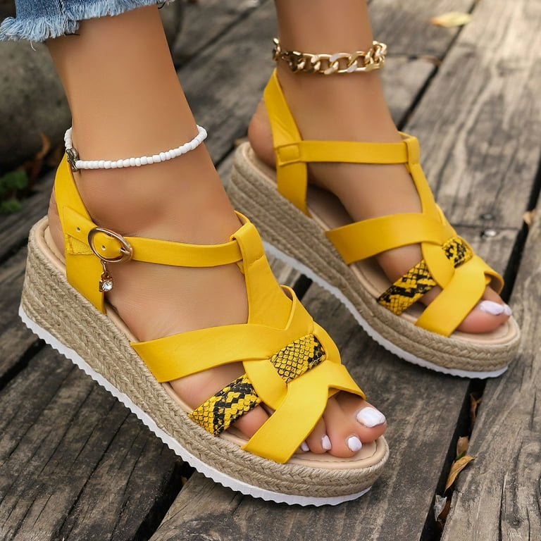 Women s Wedge Sandals Fashion Casual Non Slip Ankle Strap Boho Faux Leather High Heels Dress Shoes Yellow 42