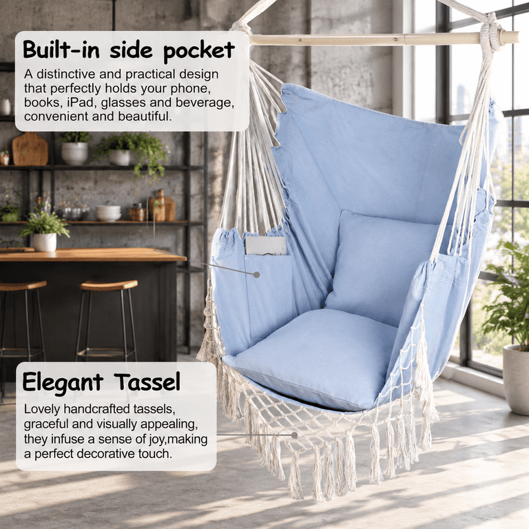 Blue/White XX-Large Hanging Hammock Chair Swing with Cushions and ...