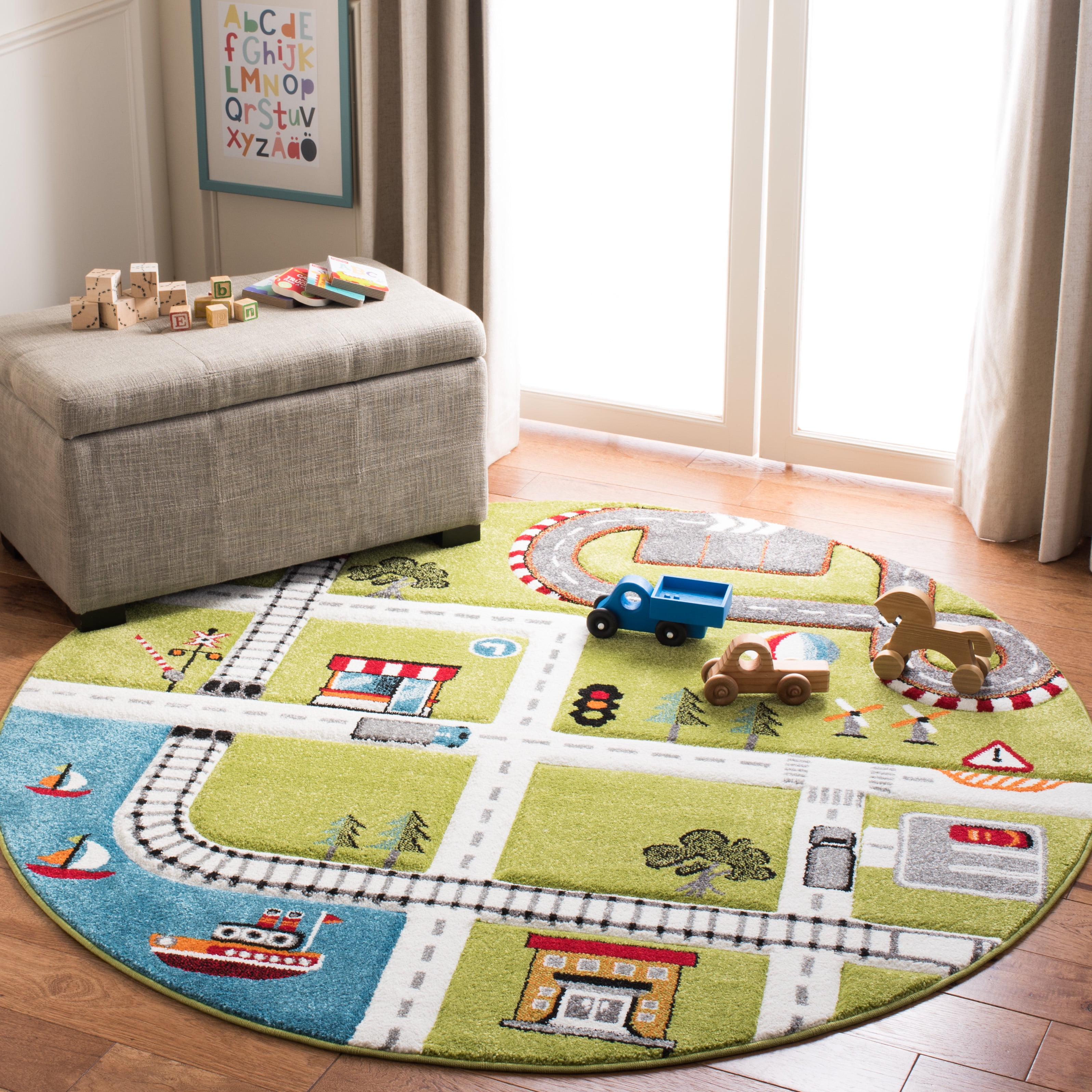SAFAVIEH Carousel Kids Devan Train Track Area Rug, Green/Ivory, 3' x 3 ...