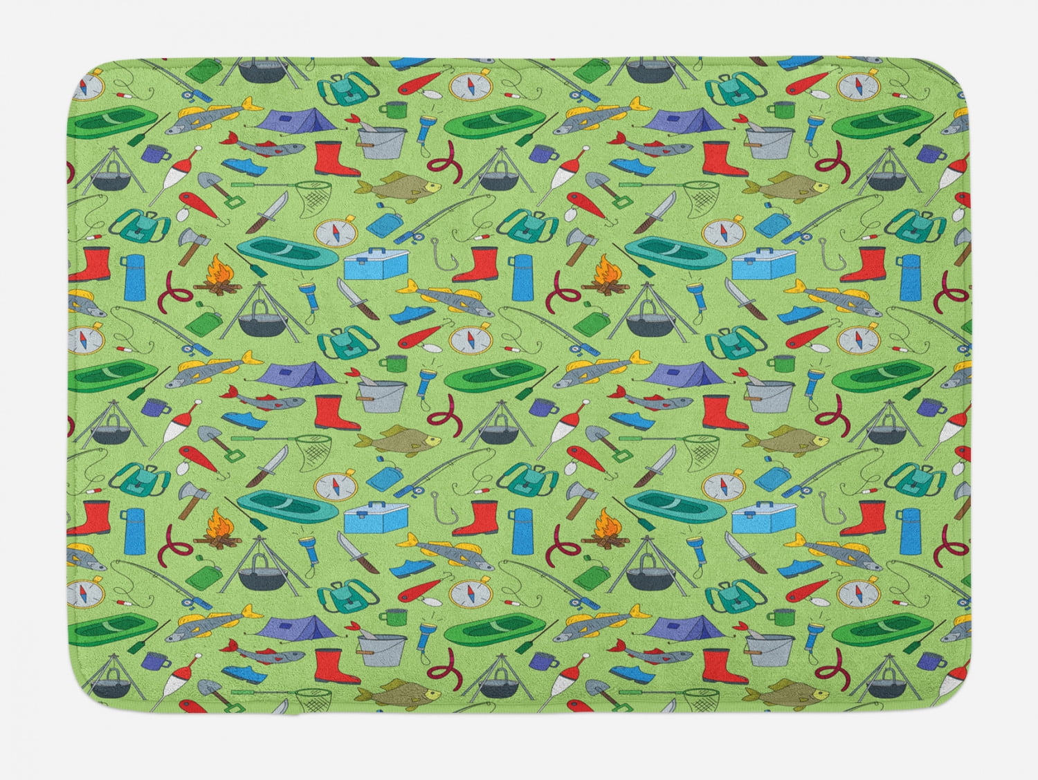 Fishing Theme Bath Mat, Angling and Camping Elements Rods Bags Tents ...