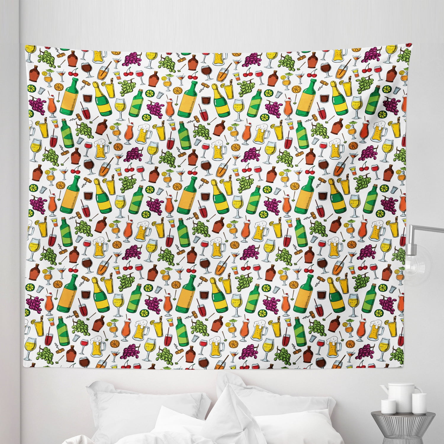Alcohol Tapestry, Doodle Party Beverages Theme with Cocktails Wine Beer ...
