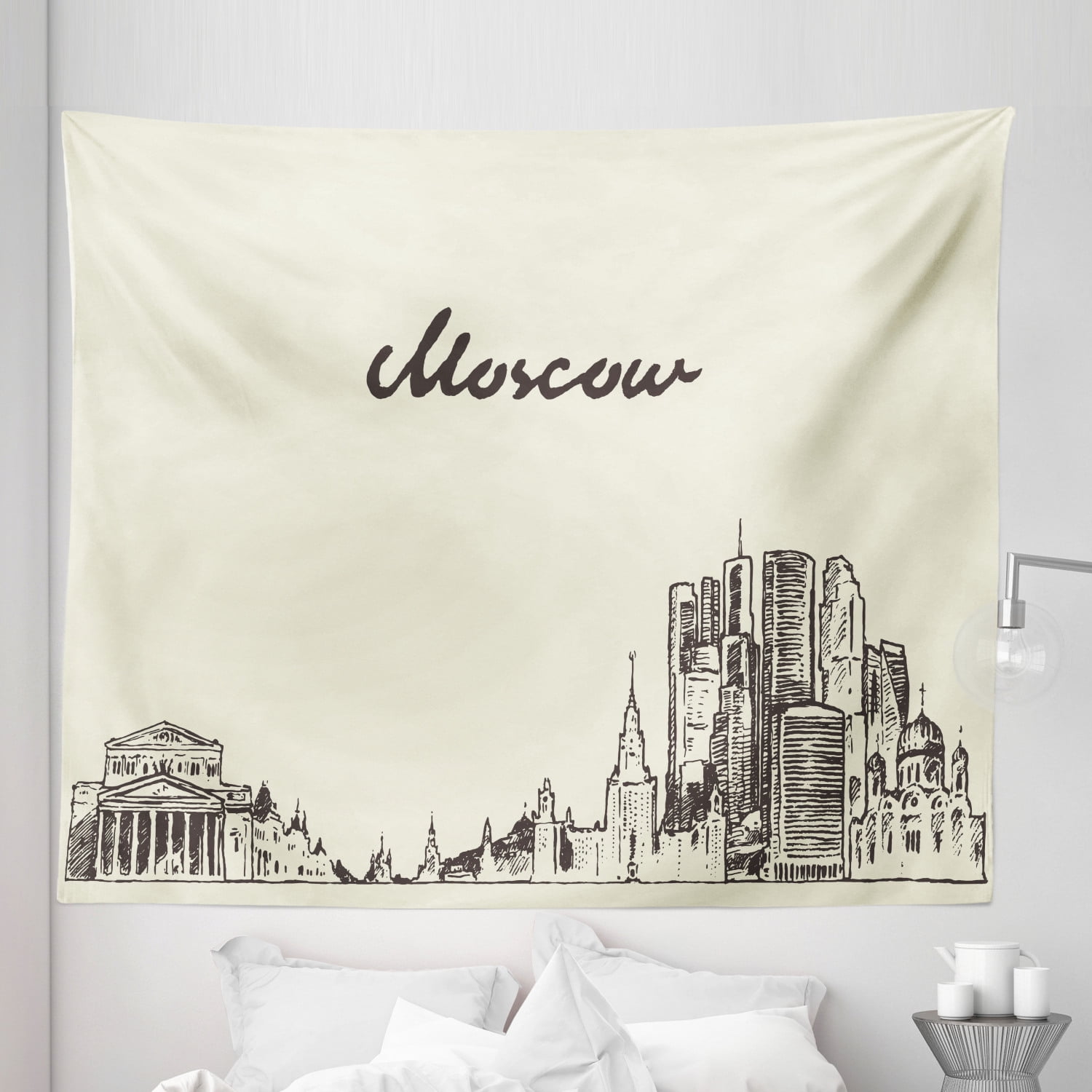 Russia Tapestry, Vintage Style Moscow Skyline Silhouette Hand Drawn ...