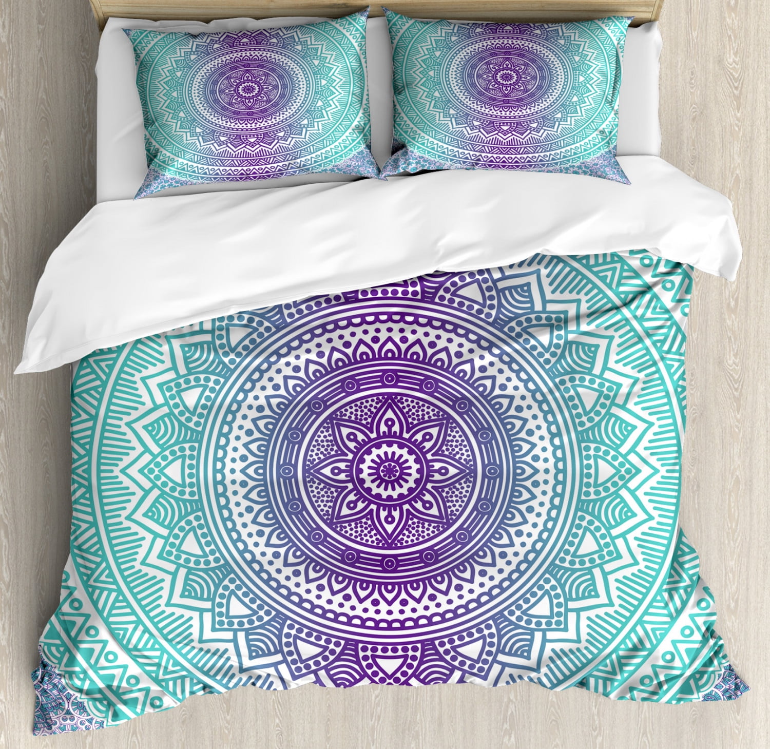 Blue and Purple Queen Size Duvet Cover Set, Mandala Ombre Eastern ...