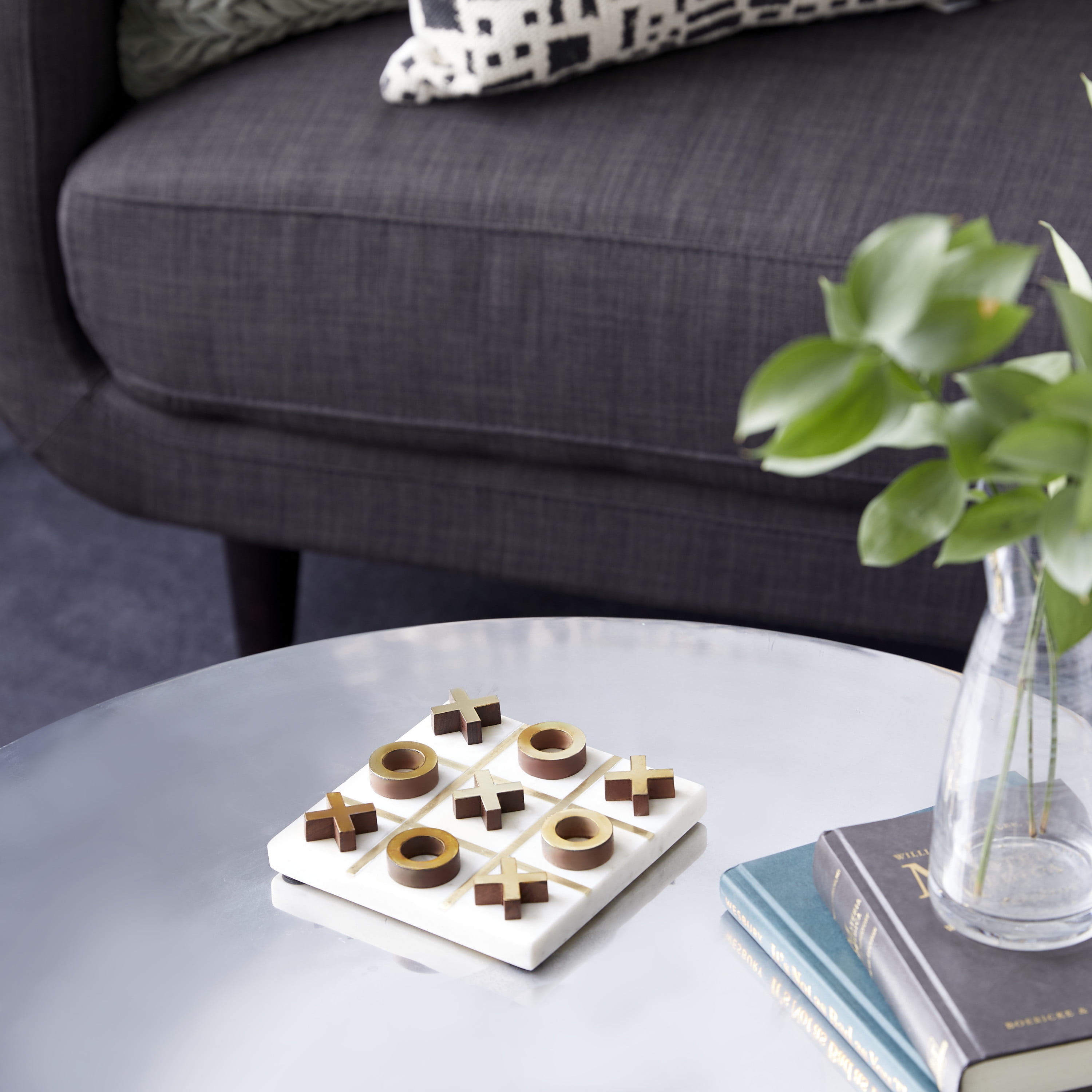 DecMode 6" x 1" White Marble Tic Tac Toe Game Set with Gold Inlay and ...