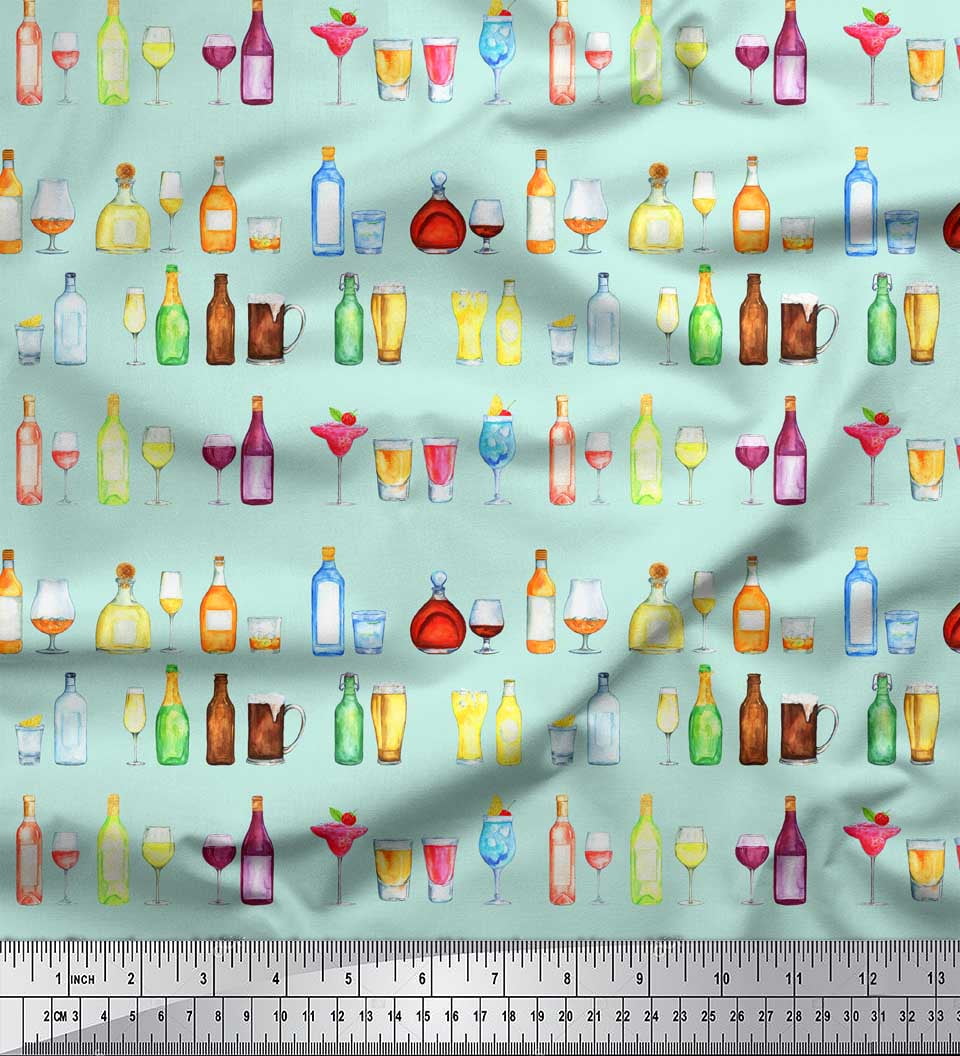 Soimoi Green Rayon Crepe Fabric Bottle & Wine Glass Bar Print Fabric by ...
